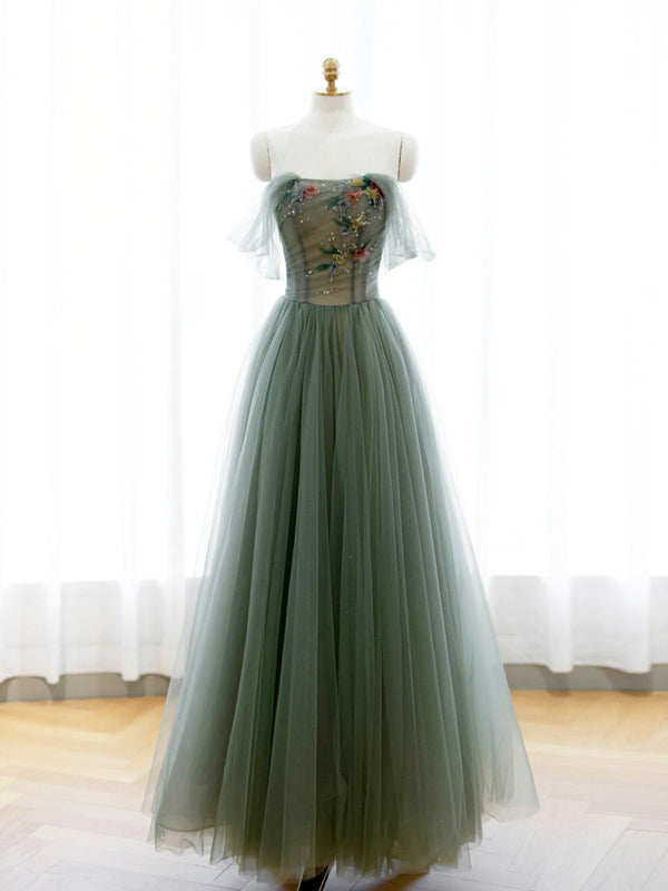 Strapless Green Tulle Floral Long Prom Dresses, Green Tulle Floral For ... Strapless Green Tulle Floral Long Prom Dresses, Green Tulle Floral For ...