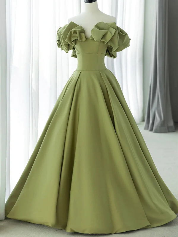 A Line Off Shoulder Green Satin Long Prom Dresses, Long Green Formal G ...
