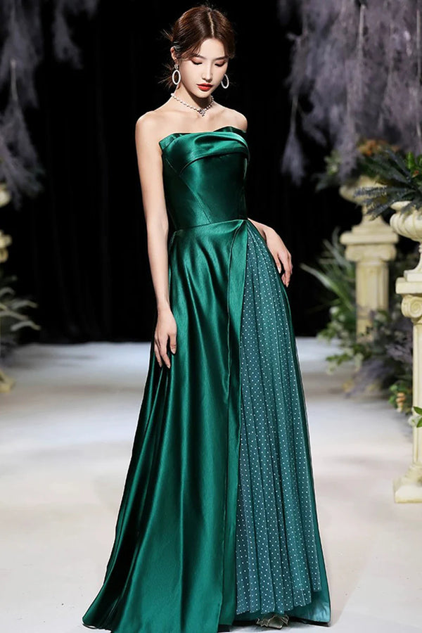 A Line Strapless Green Satin Long Prom Dresses, Long Green Formal Grad ...