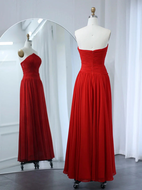 A Line Strapless Open Back Red Long Prom Dresses, Red Chiffon Formal G ...