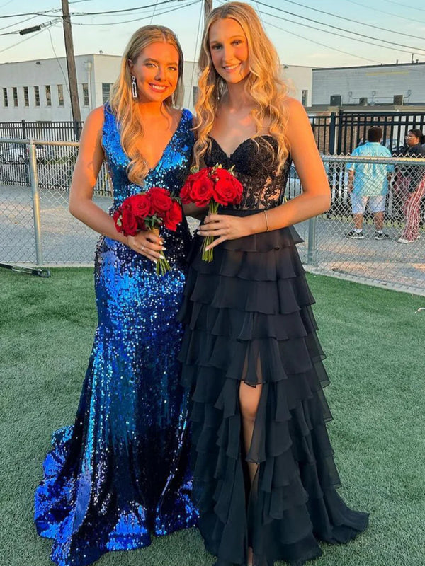 Black Layered Lace Long Prom Dresses, Black Lace Layered Long Formal E ...