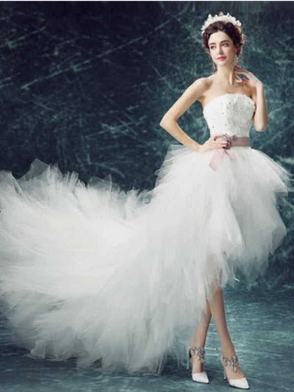 High Low Strapless Two Pieces White Lace Fluffy Long Wedding Dresses ...