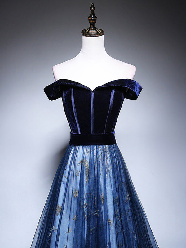 Off the Shoulder Blue Tulle Long Prom Dresses, Blue Off Shoulder Forma ...