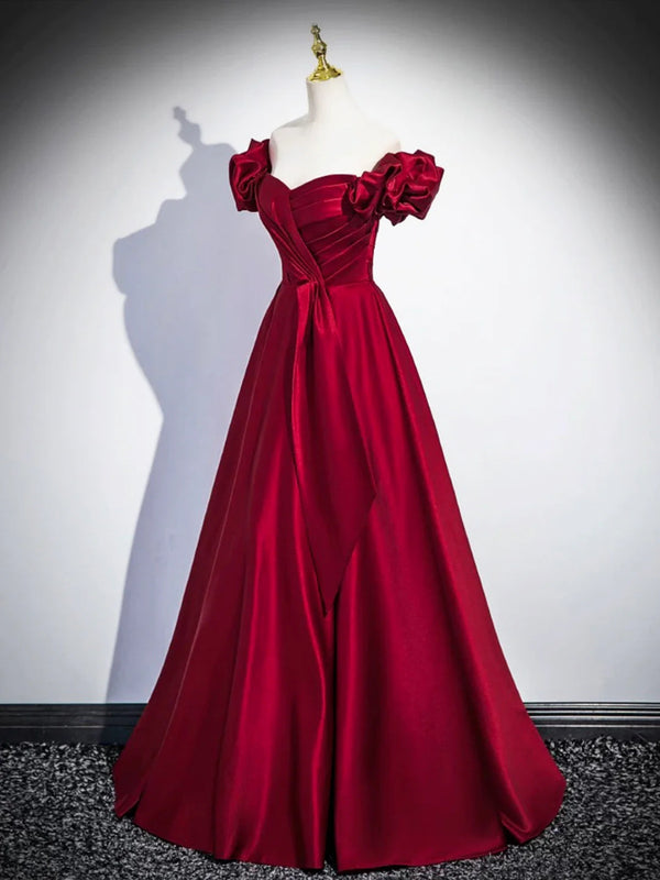 Off the Shoulder Burgundy Satin Long Prom Dresses, Wine Red Satin Long - shegown