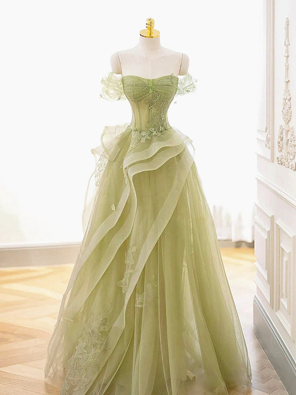 Off the Shoulder Green Tulle Lace Long Prom Dresses, Green Tulle Long ...