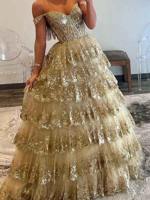Off the Shoulder Layered Lace Prom Dresses, Off Shoulder Layered Lace ...