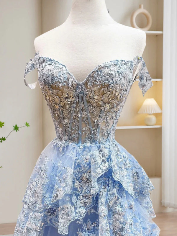 Off the Shoulder Light Blue Lace Layered Long Prom Dresses, Blue Layer ...