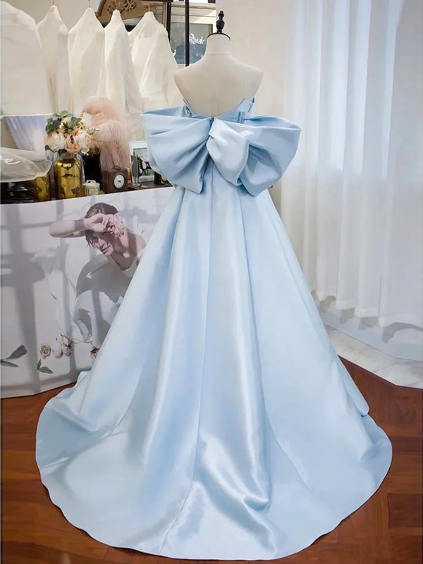 Off the Shoulder Light Blue Satin Long Prom Dresses, Off Shoulder Baby - shegown