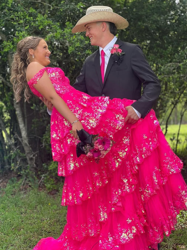 Off the Shoulder Pink Layered Lace Prom Dresses, Pink Layered Lace For ...