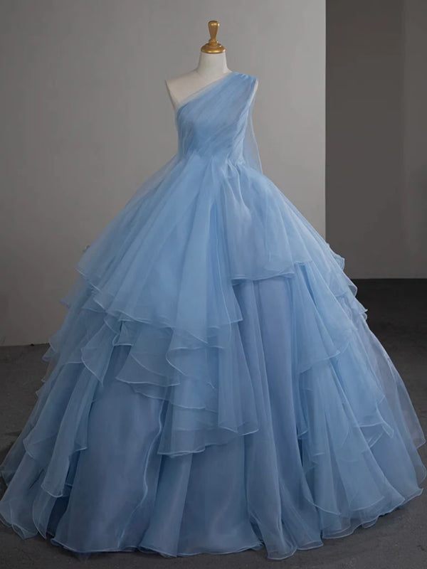 Blue Tulle One Shoulder Prom Dresses, Blue Tulle Formal Graduation Dre ...