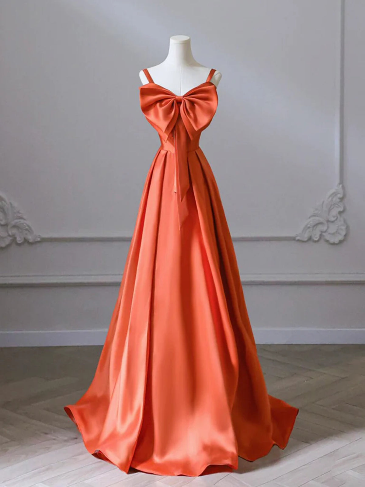 Orange Long Satin Prom Dresses with Bow, Oranage Long Satin Formal Eve ...