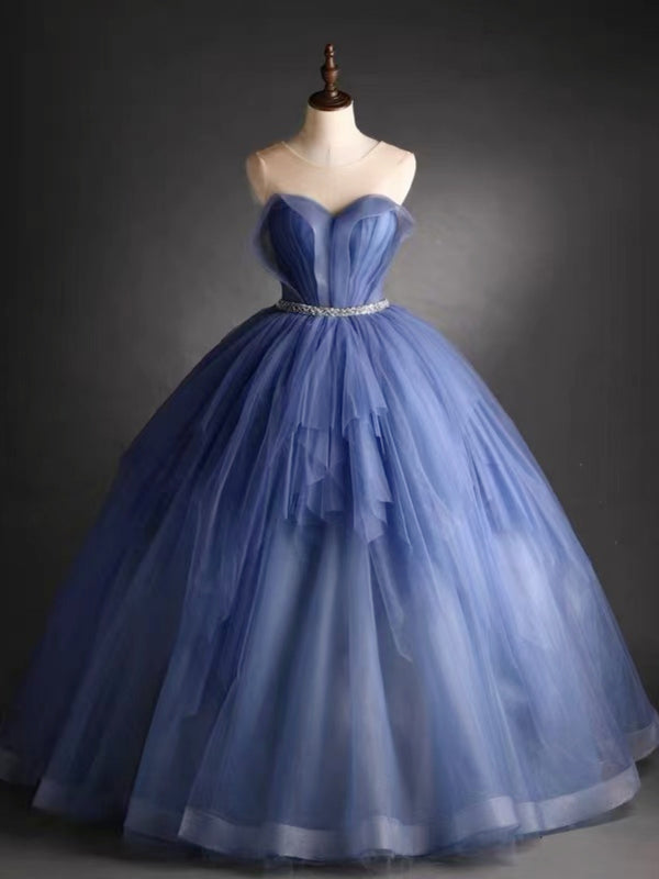 Round Neck Blue Puffy Prom Ball Gown, Blue Puffy Long Formal Evening D ...