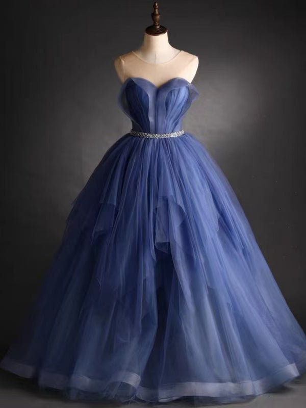 Round Neck Blue Puffy Prom Ball Gown, Blue Puffy Long Formal Evening D ...