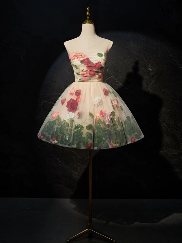 Round Neck Short Floral Prom Dresses, Short Pink Floral Formal Homecom ...