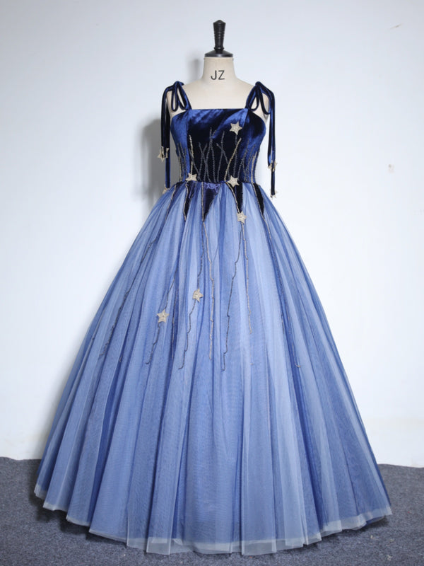 Shiny Blue Beaded Long Prom Dresses, Blue Beaded Long Formal Graduatio ...