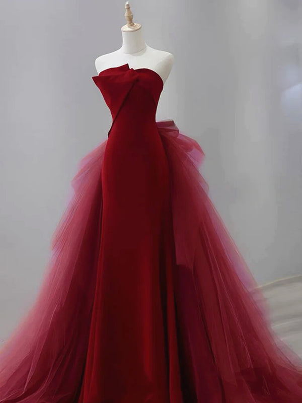 Strapless Burgundy Mermaid Long Prom Dresses, Wine Red Mermaid Long Fo ...