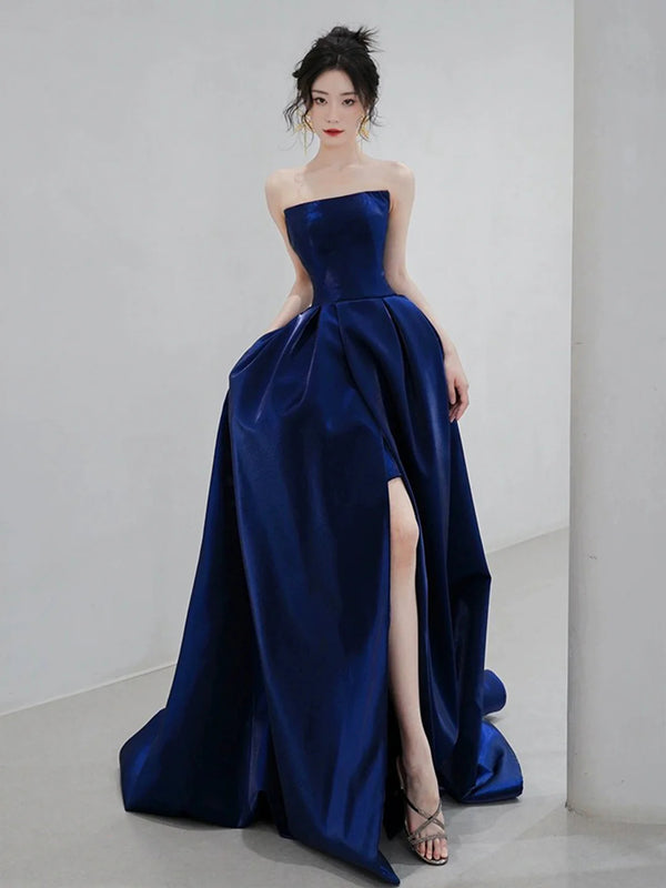 Strapless Royal Blue Long Prom Dresses with High Split, Long Royal Blu ...