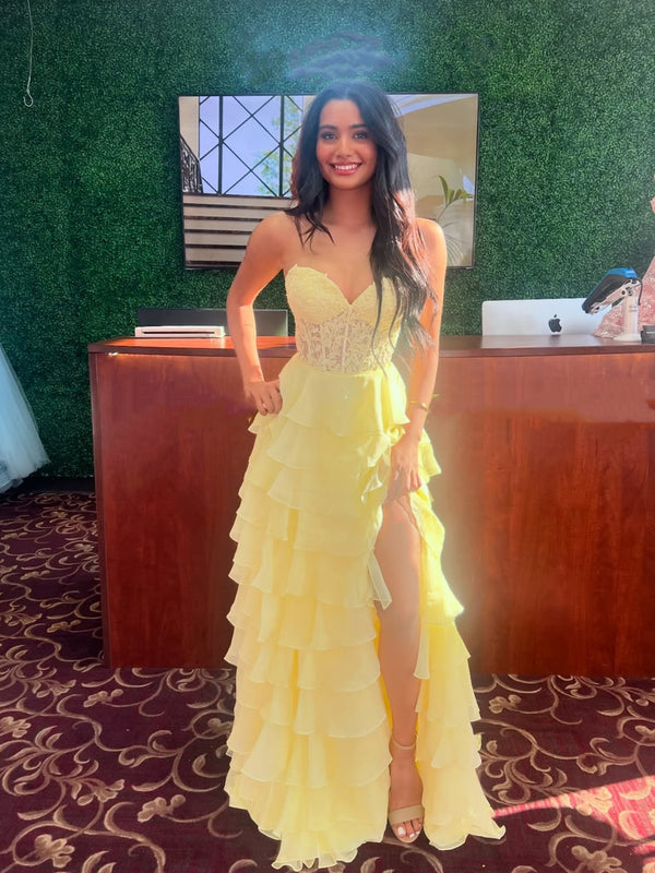 Strapless Yellow Lace Layered Prom Dresses, Yellow Lace Layered Long F ...