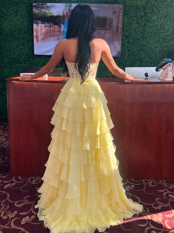 Strapless Yellow Lace Layered Prom Dresses, Yellow Lace Layered Long F ...