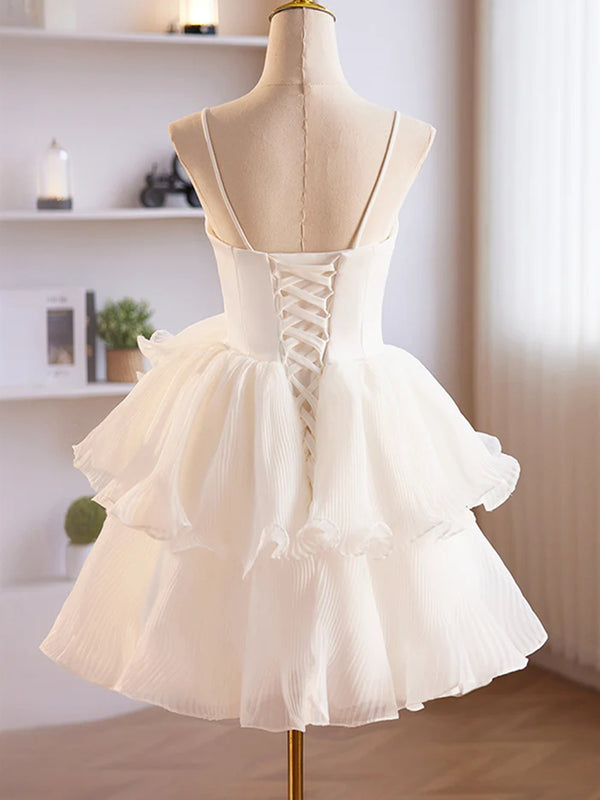 Sweetheart Neck Layered White Chiffon Prom Dresses, Short White Homeco ...