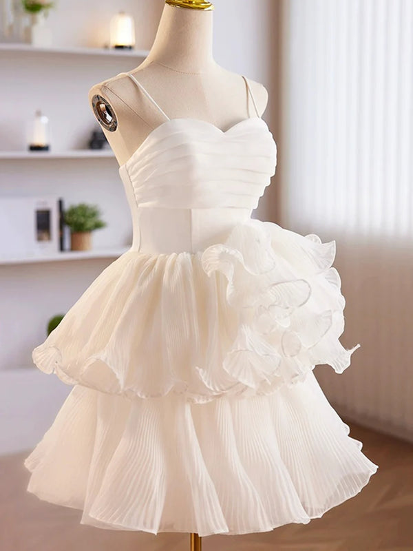 Sweetheart Neck Layered White Chiffon Prom Dresses, Short White Homeco ...