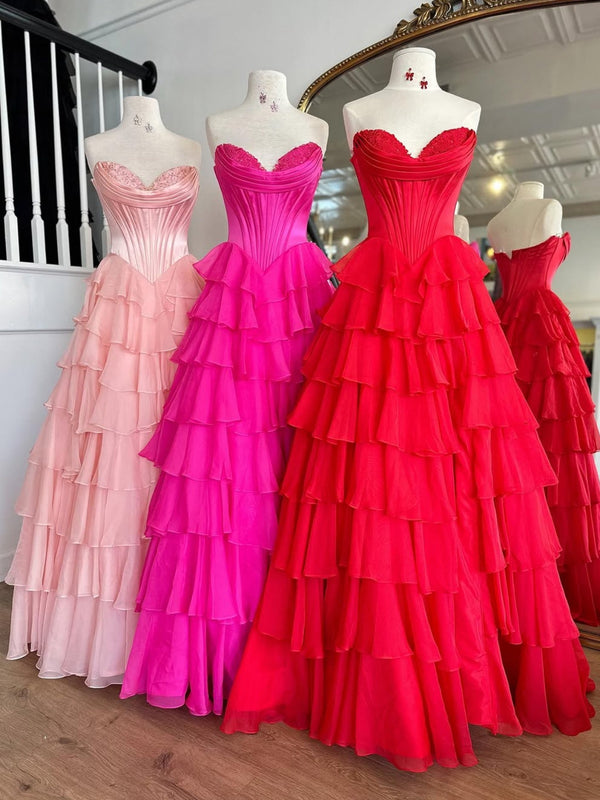 Sweetheart Neck Pink Red Layered Long Prom Dresses, Pink Red Layered L ...