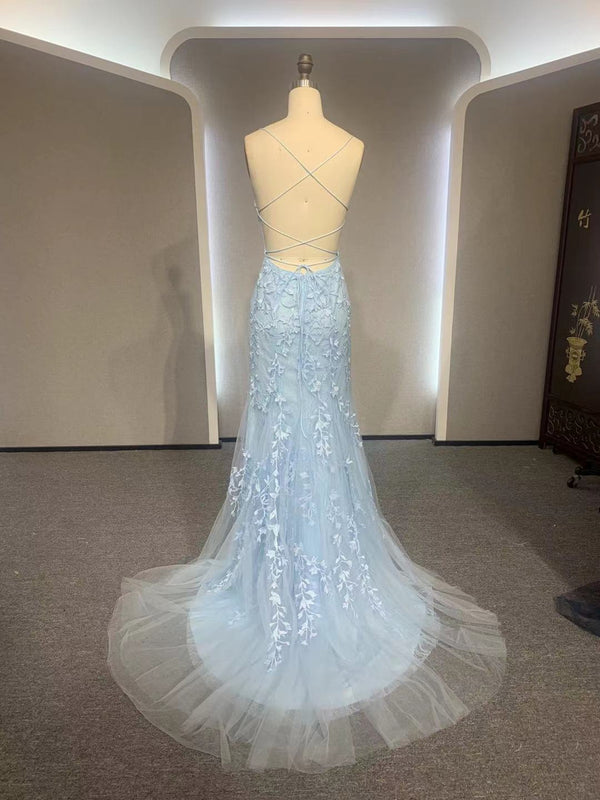 Backless Light Blue Lace Prom Dresses, Open Back Light Blue Lace Forma ...