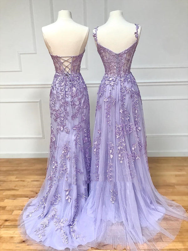 Long Purple Lace Prom Dresses, Long Purple Lace Formal Homecoming Dres - shegown