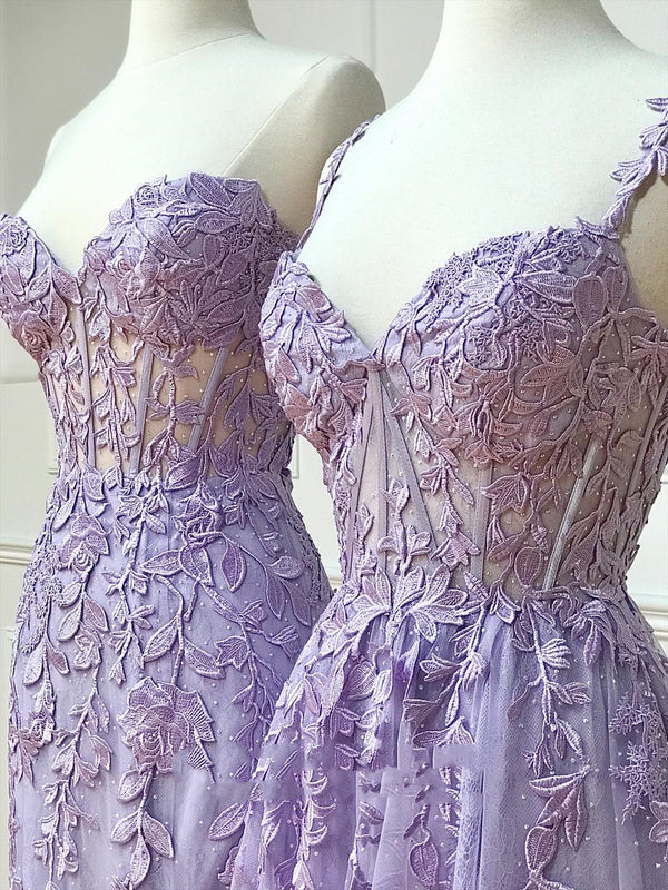 Long Purple Lace Prom Dresses, Long Purple Lace Formal Homecoming Dres ...