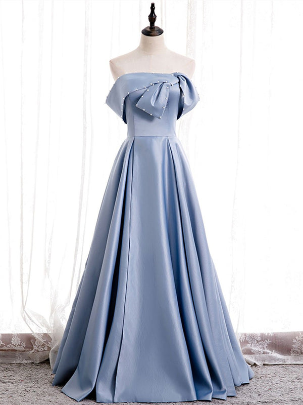 Off the Shoulder Blue Satin Long Prom Dresses, Off Shoulder Blue Forma ...