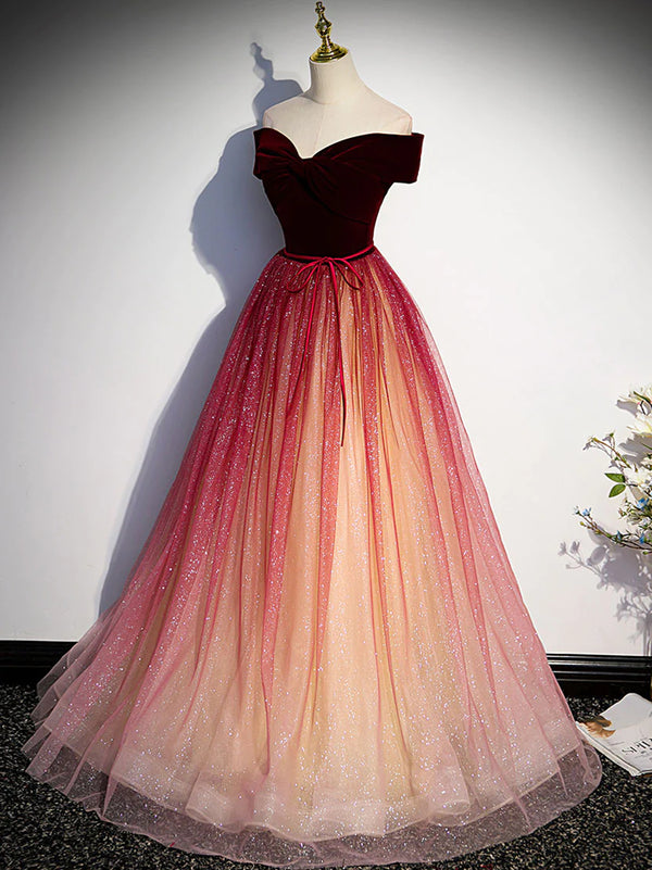Off the Shoulder Burgundy Ombre Long Prom Dresses, Wine Red Ombre Long ...