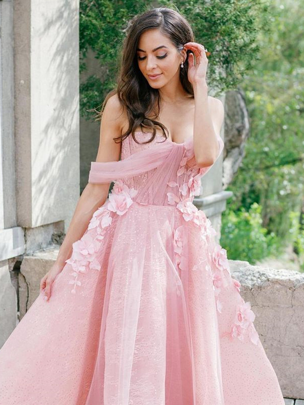 Pink Tea Length Floral Prom Dresses, Pink Tea Length Flower Formal Gra ...