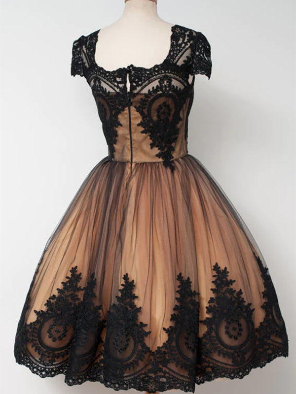 Short Cap Sleeves Black Lace Prom Dresses, Short Black Lace Graduation ...